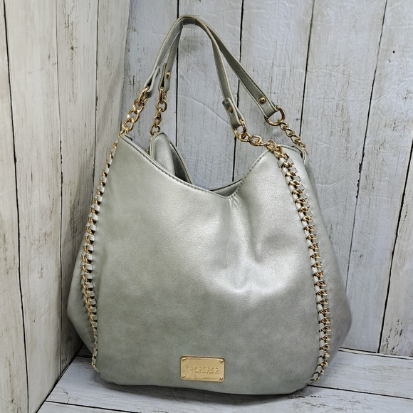 bebe | Bags | Bebe Colette Gray Vgn Lthr Gold Chain 2handle Trientry Multipocket Hobo Tote ...